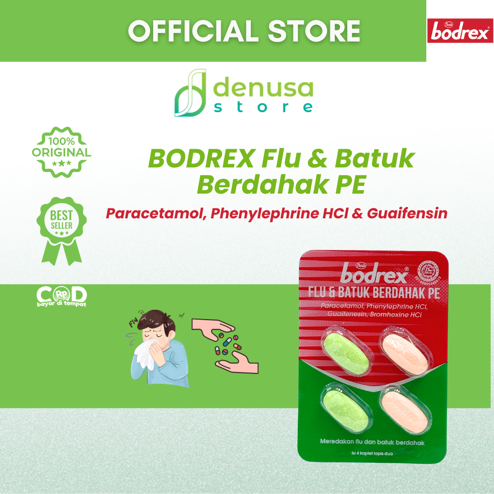 BODREX Flu n Batuk Berdahak PE 1 Blister 4 Kaplet Lapis Dua - Denusa Store