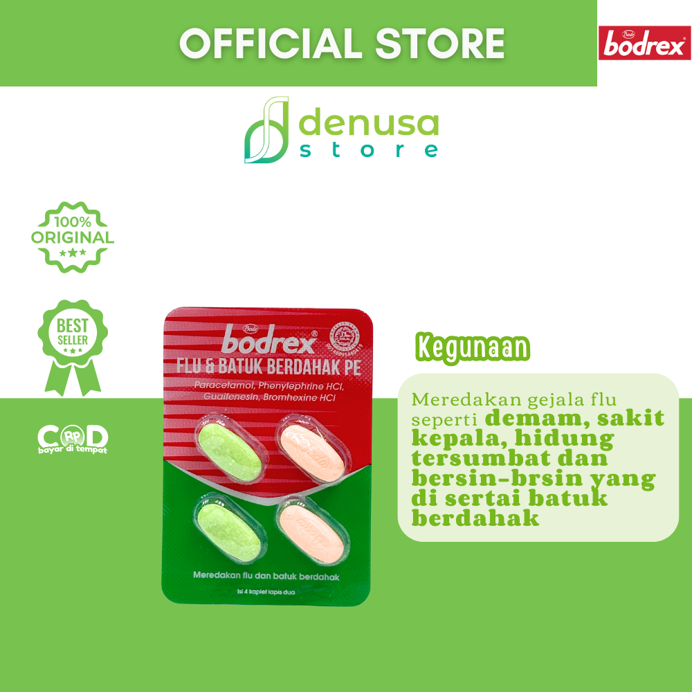 BODREX Flu n Batuk Berdahak PE 1 Blister 4 Kaplet Lapis Dua - Denusa Store